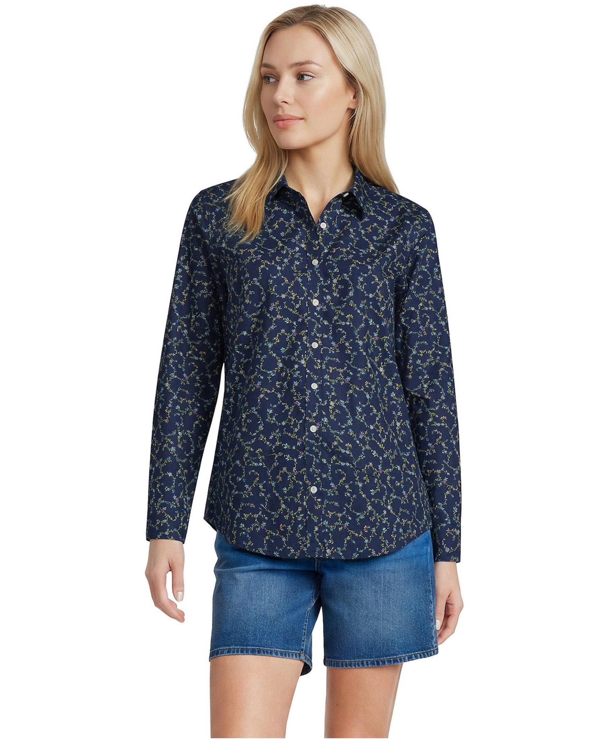Click here for Lands End Petite No Iron Button Front Shirt - Deep... prices