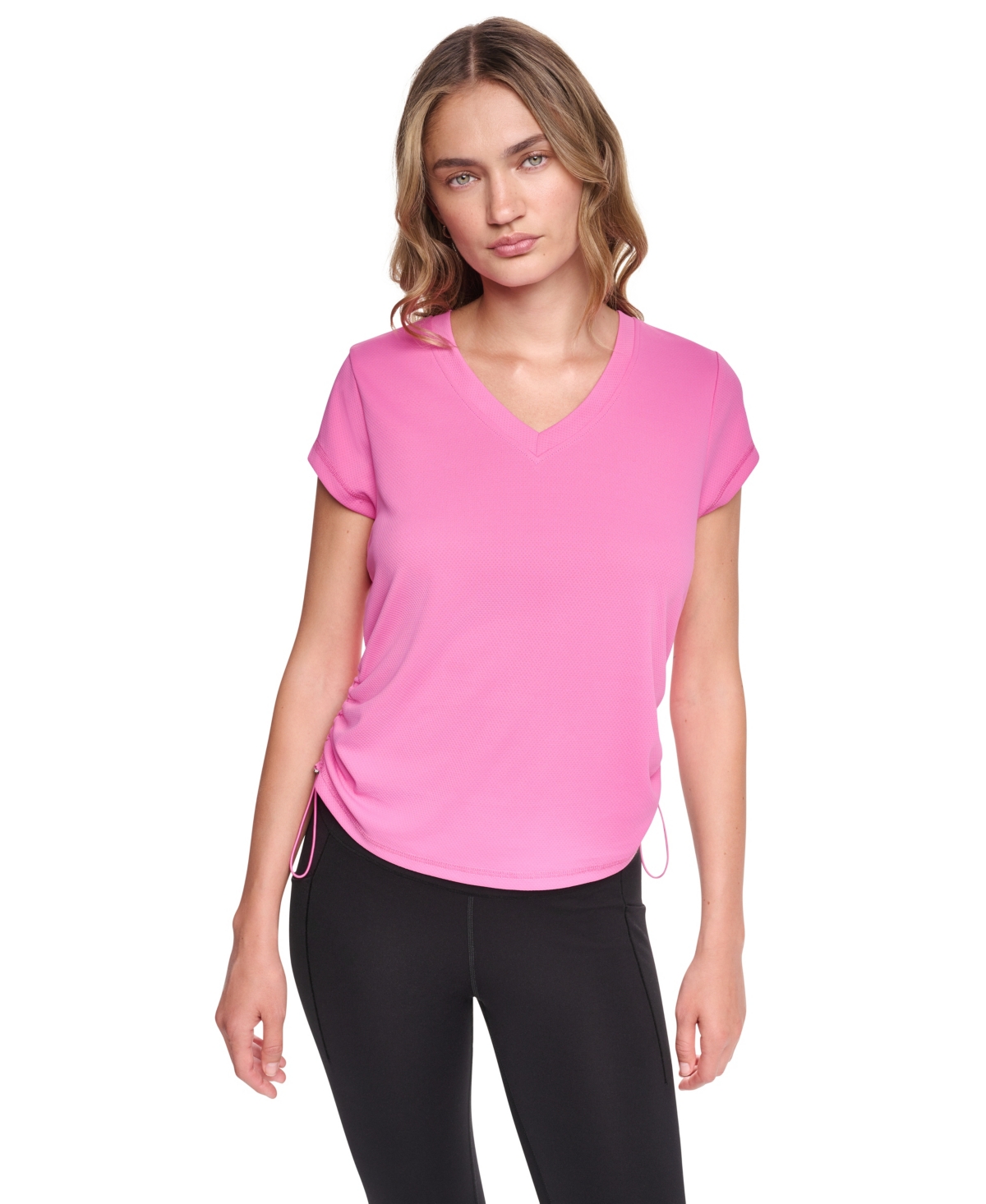 Click here for Dkny Sport Womens Ruched Side Seams V-Neck Tech T-... prices