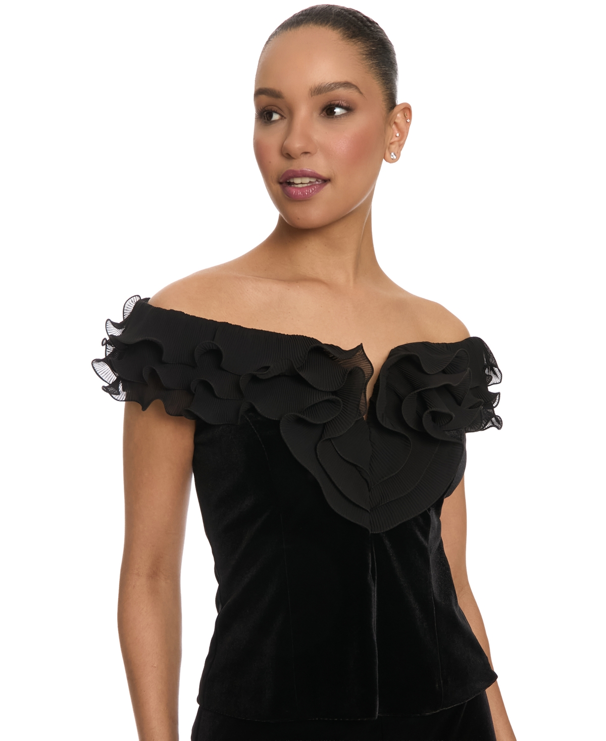 Click here for Muse Womens Off-The-Shoulder Velvet Ruffle Blouse... prices