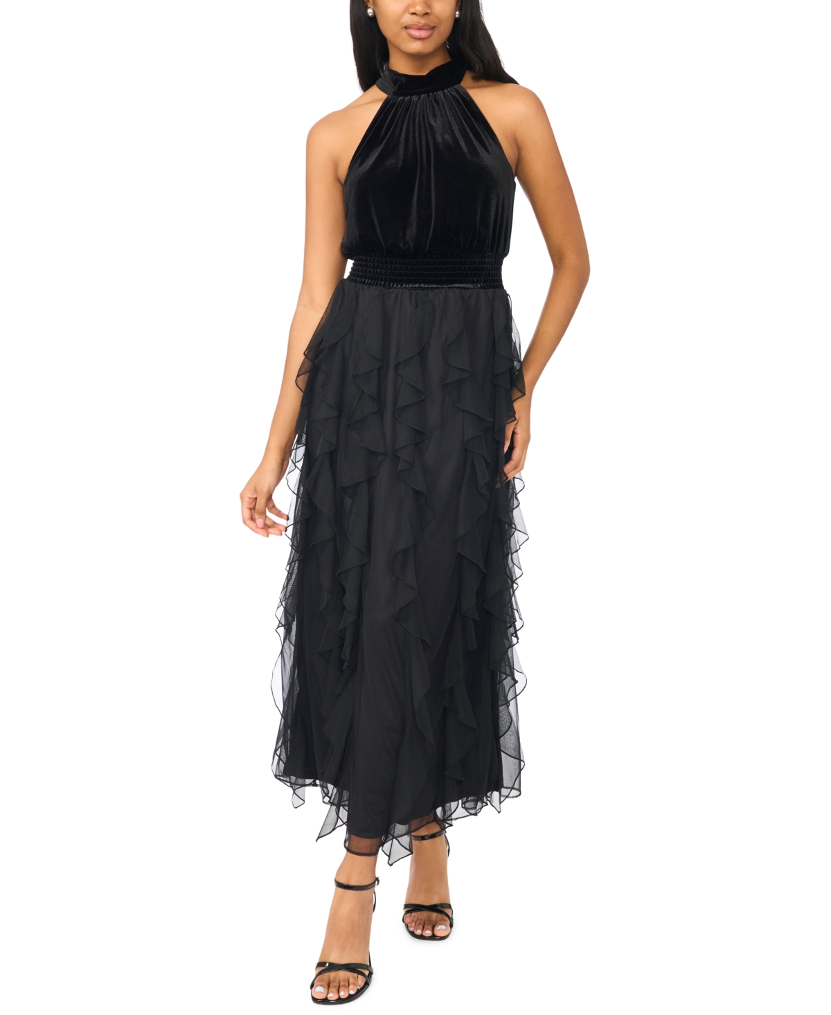 Click here for Msk Womens Velvet Cascading-Ruffle Halter Maxi Dre... prices