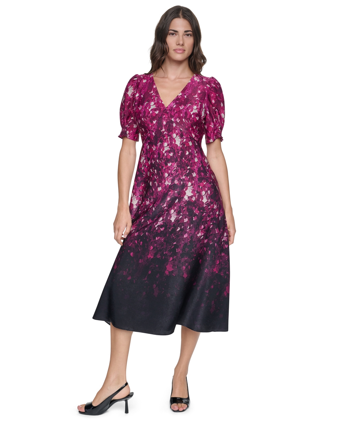 Click here for Dkny Womens Puff-Sleeve Printed Midi Dress - Paill... prices