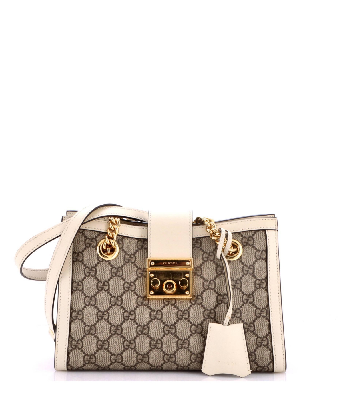 Click here for Pre-Owned Gucci Small Padlock Chain Tote Gg Coated... prices
