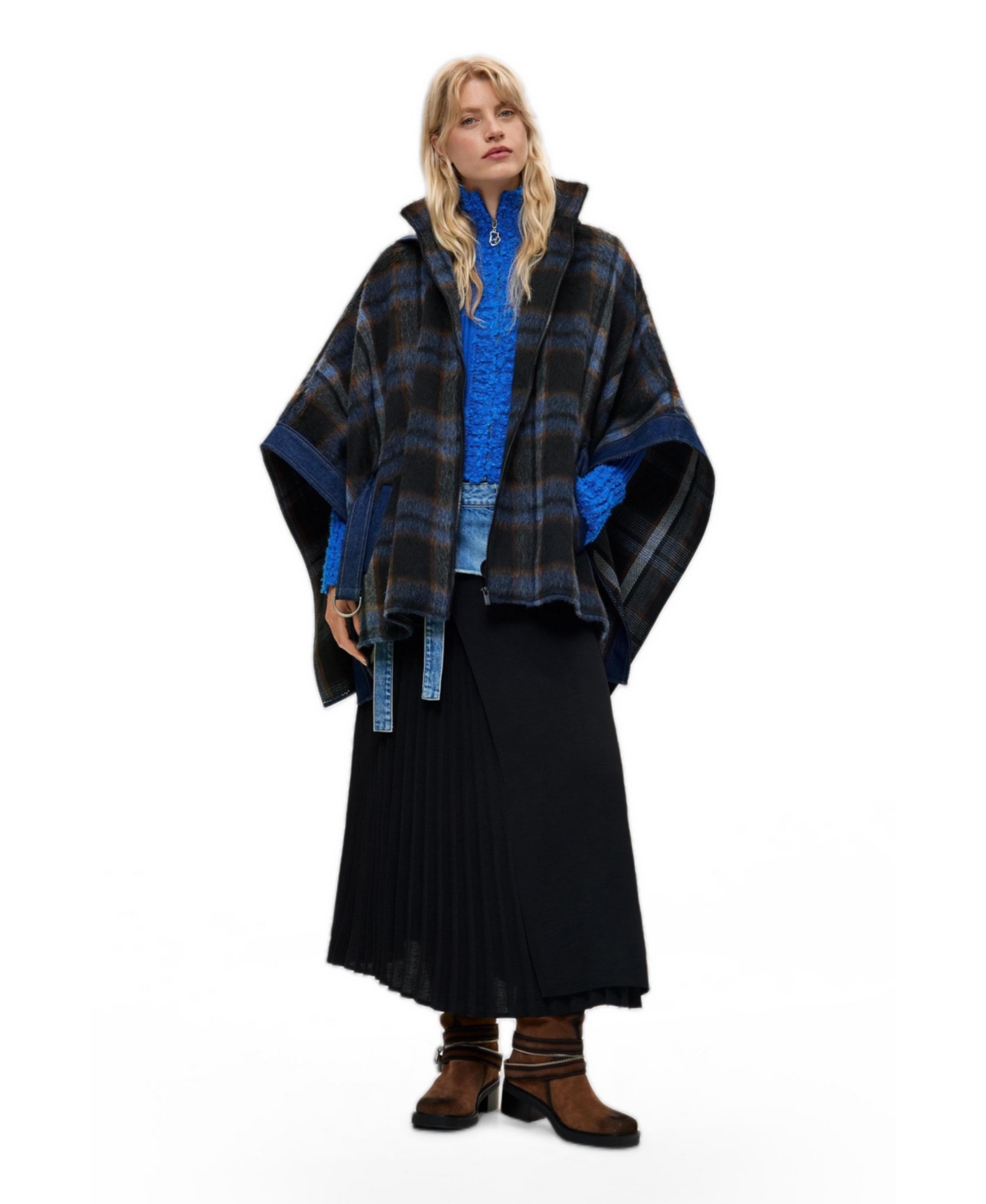 Click here for Desigual Womens Plaid denim poncho - Brown prices