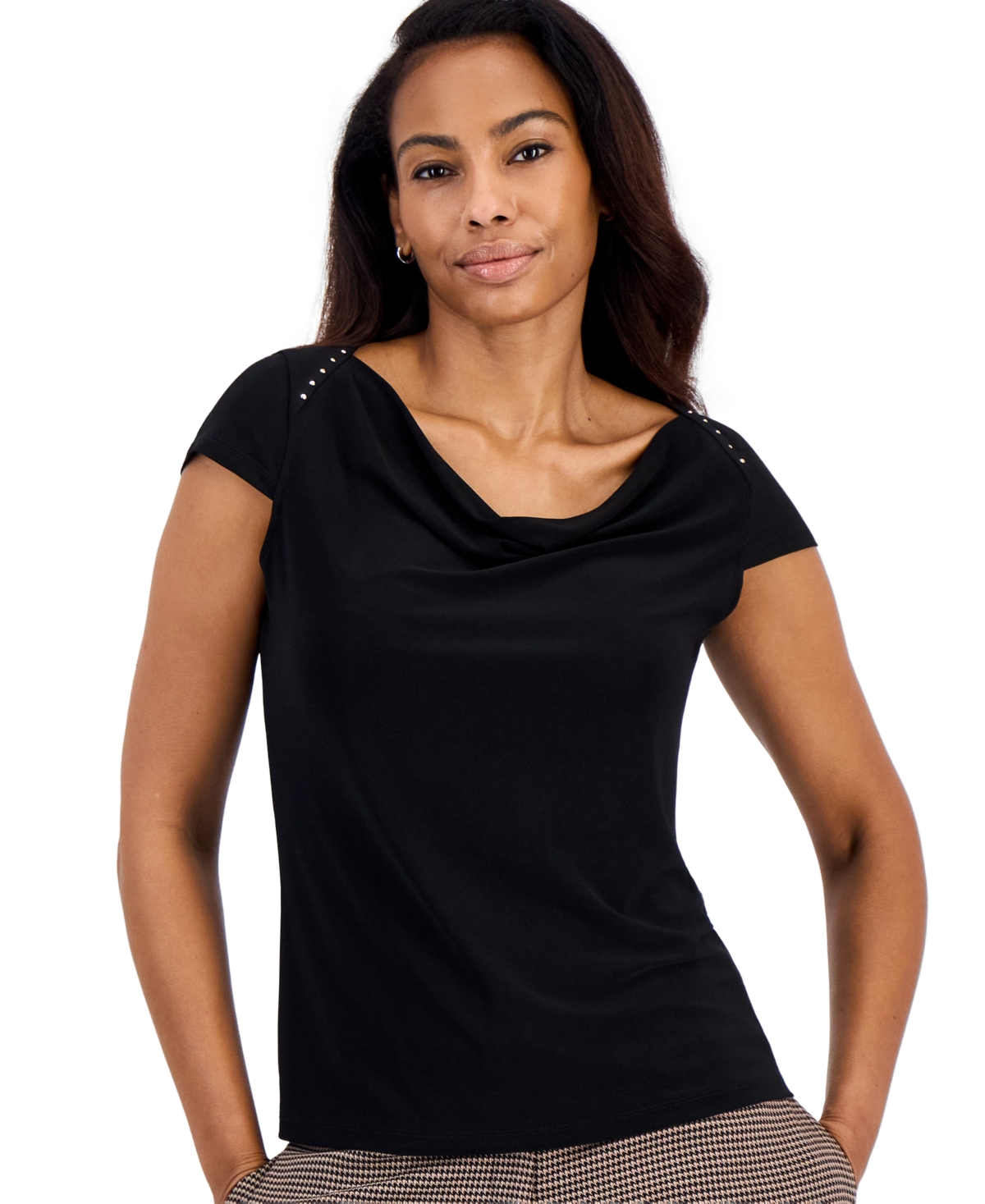Click here for Kasper Petite Cowl Neck Cap-Sleeve Blouse - Black prices
