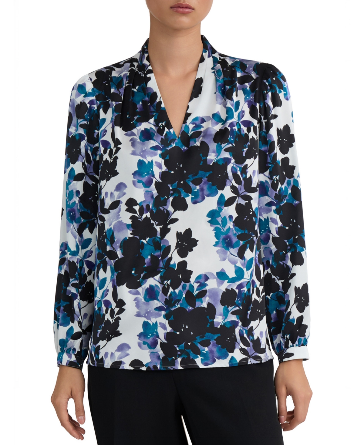 Click here for Kasper Womens V-Neck Pleated-Shoulder Blouse - Mul... prices