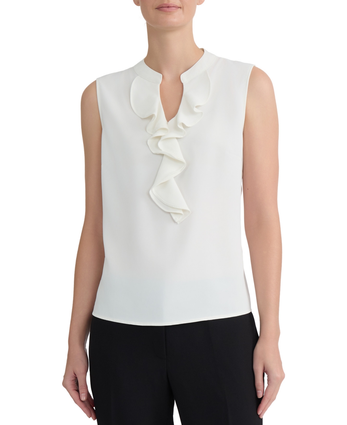 Click here for Kasper Womens Ruffled Split-Neck Sleeveless Blouse... prices