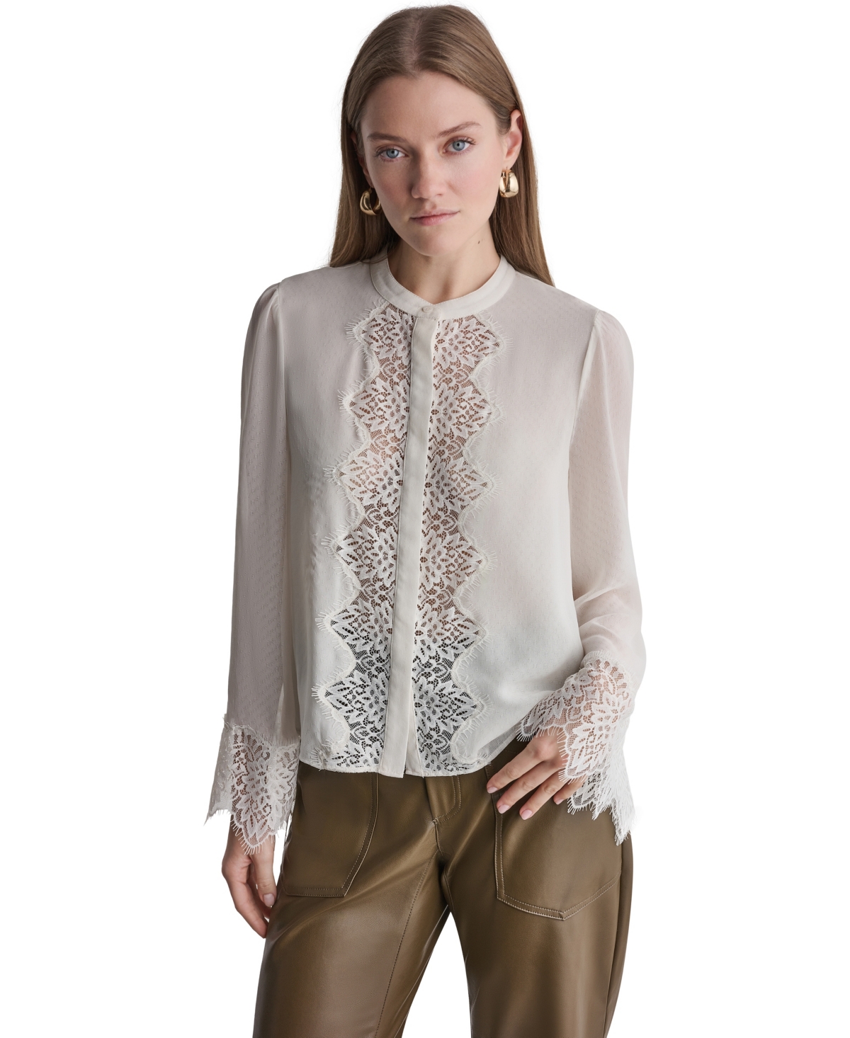 Click here for Bcbg Womens High-Neck Long-Sleeve Lace Blouse - Iv... prices
