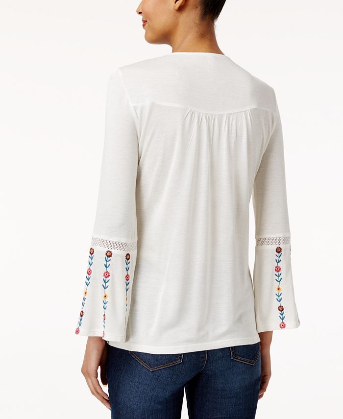NY Collection Petite Embroidered Bell-Sleeve Top - Macy's