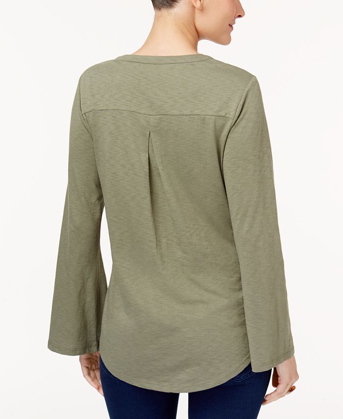 Style & Co Embroidered Split-Neck Shirt, Created for Macy's - Macy's