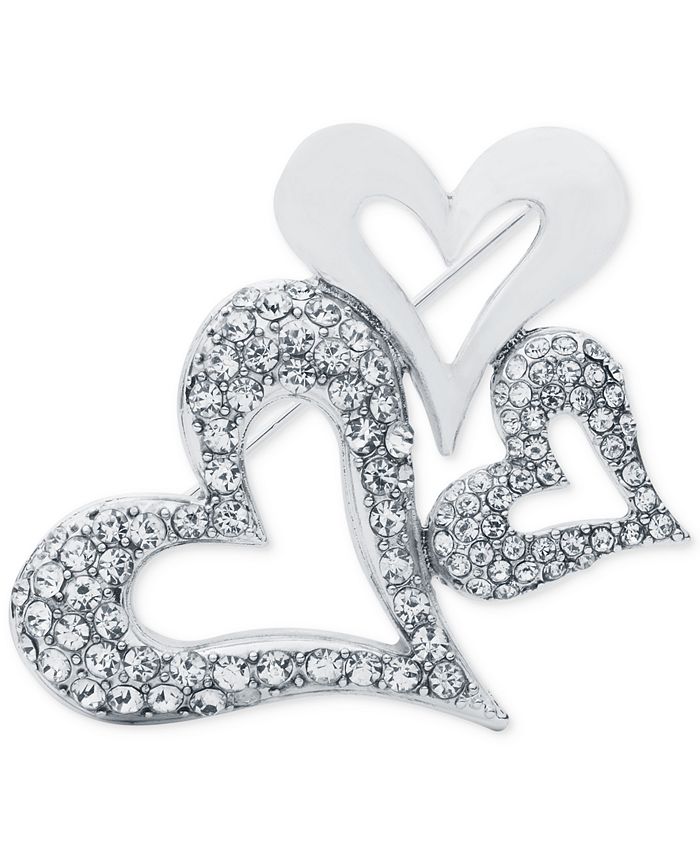 Anne Klein Silver-Tone Pavé Triple-Heart Pin, Created for Macy's - Macy's