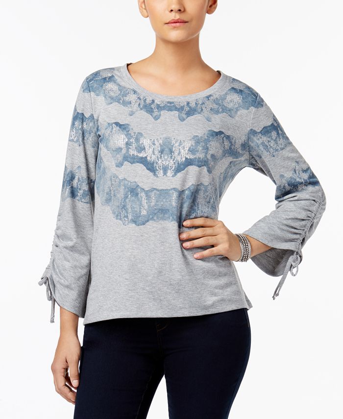 Style & Co Drawstring-Sleeve Printed Top, Created for Macy's - Macy's