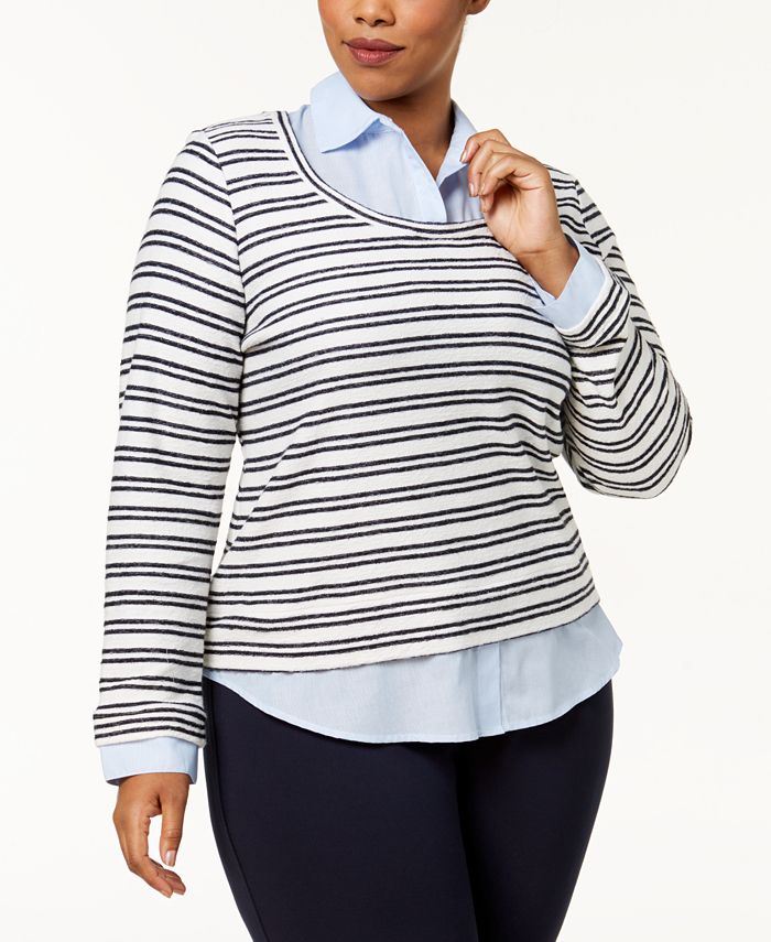 Tommy Hilfiger Plus Size Layered-Look Striped Collared Top, Created for ...
