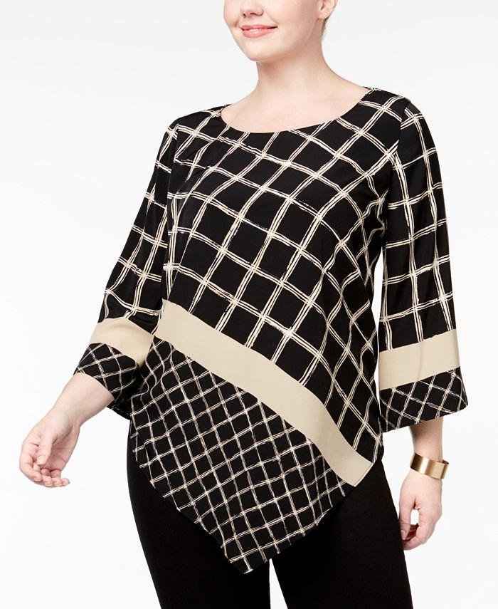 Alfani Plus Size Mixed-Print V-Hem Top, Created for Macy's - Macy's