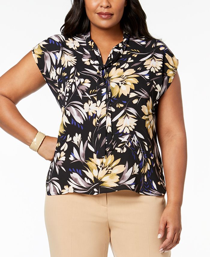 Nine West Plus Size Printed Tie-Neck Blouse - Macy's