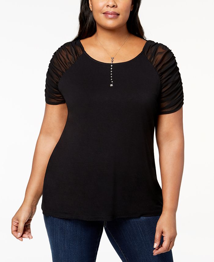 INC International Concepts I.N.C. Plus Size Ruched Illusion-Sleeve Top ...