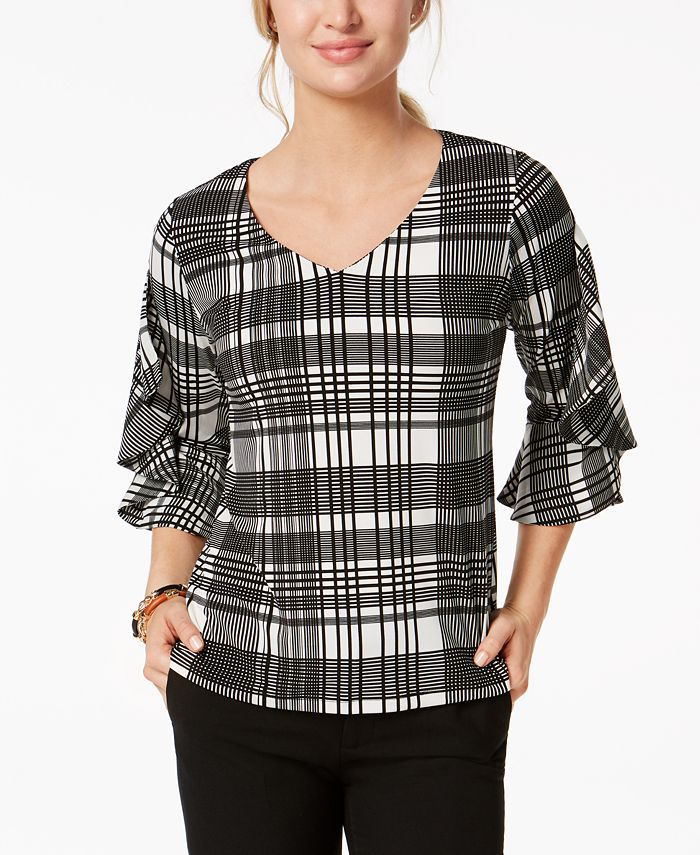 Charter Club Petite Plaid Ruffle-Sleeve Top, Created for Macy's - Macy's