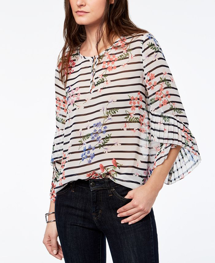 Tommy Hilfiger Pleated Mixed-Print Top, Created for Macy's - Macy's