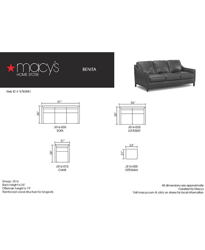 Furniture CLOSEOUT! Benita 81" Leather Sofa, Created for Macy's - Macy's