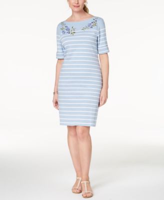 Karen Scott Petite Striped Embroidered Dress, Created for Macy's - Macy's