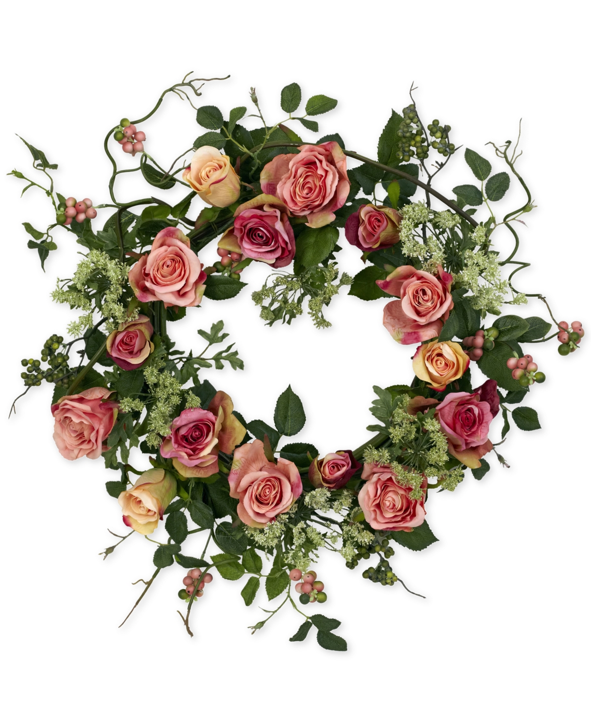 Click here for Nearly Natural 20 Rose Wreath - Peach prices