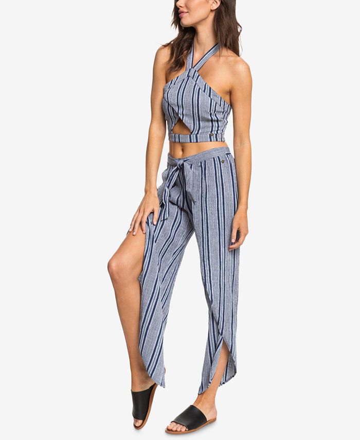 Roxy Juniors' Jessa Striped Cropped Cutout Halter Top - Macy's