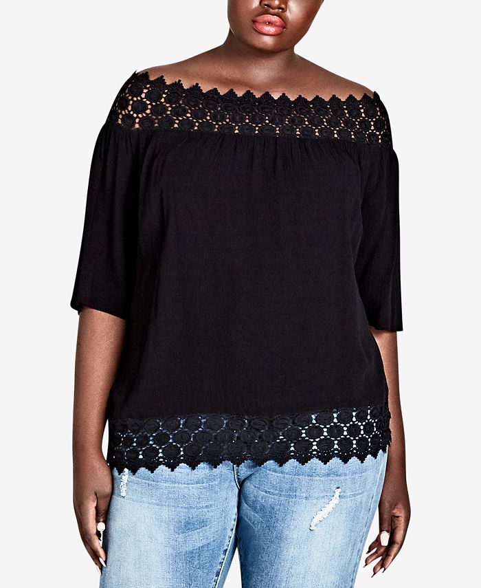 City Chic Trendy Plus Size Grace Embroidered Off-The-Shoulder Top ...