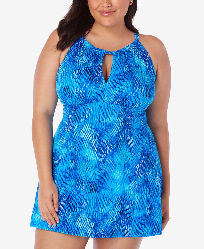 Swim Solutions Plus Size Reflections Tummy Control High Neck Swimdress