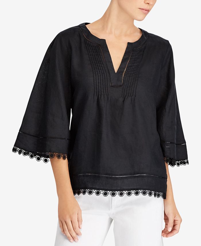 Lauren Ralph Lauren Lace-Trim Linen Top - Macy's