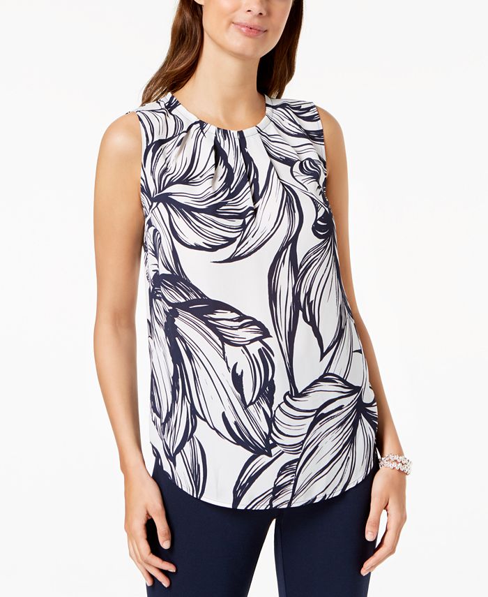 Nine West Printed Pleat-Neck Shell - Macy's