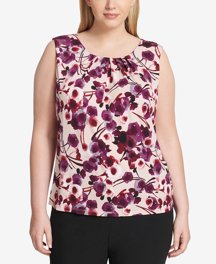 Calvin Klein Plus Size Printed Pleat-Neck Shell - Macy's