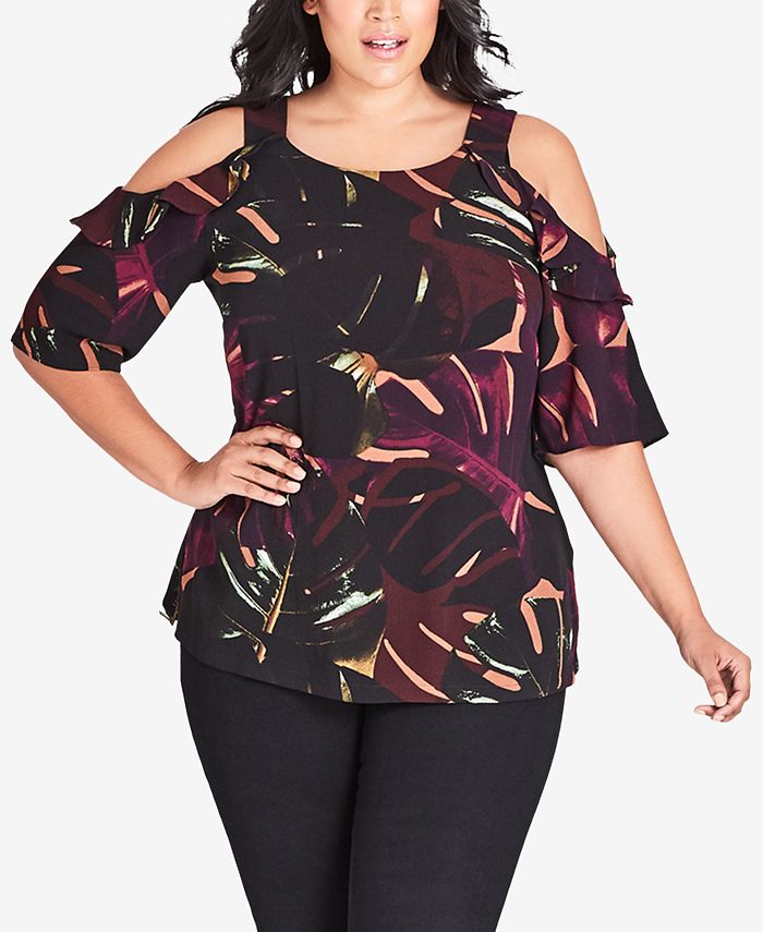 City Chic Trendy Plus Size Printed Cold-Shoulder Top - Macy's