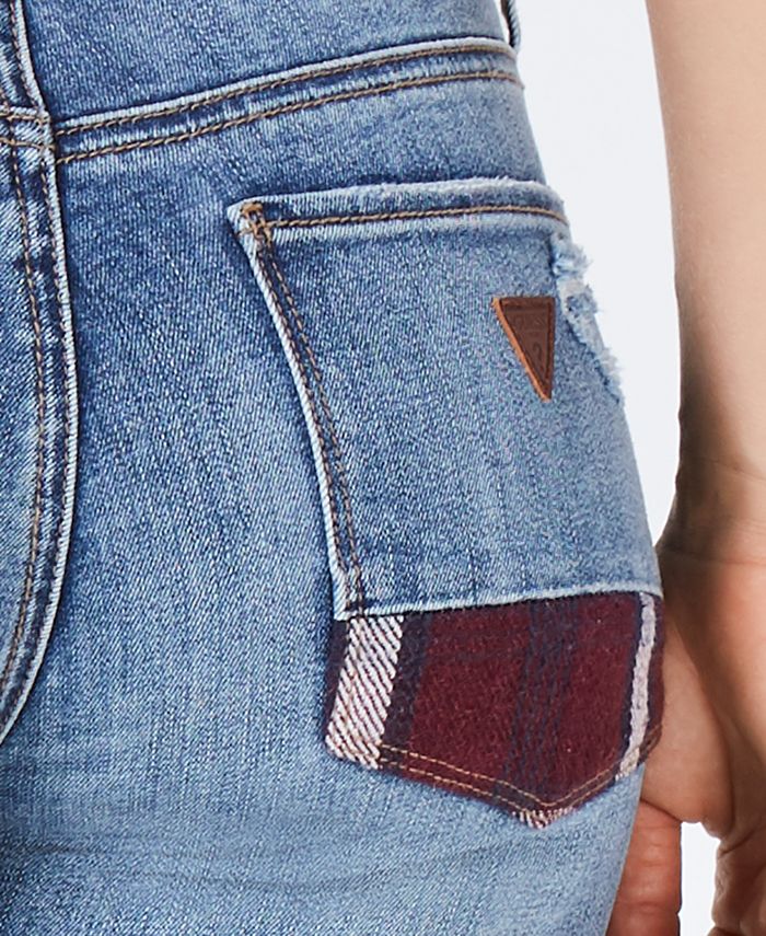 GUESS Embroidered Plaid-Pocket Distressed Skinny Jeans - Macy's