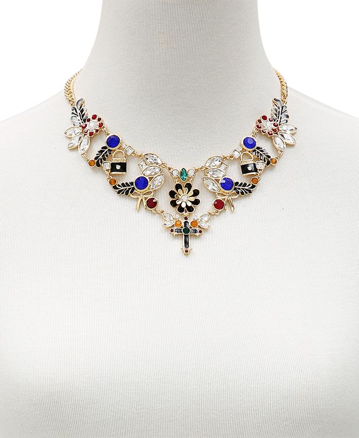 GUESS Gold-Tone Multicolor Crystal Cross Statement Necklace, 16" + 2 ...