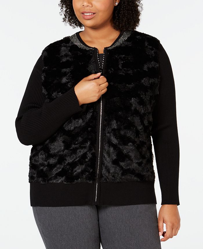 Belldini Black Label Plus Size Faux-Fur Zip-Front Cardigan - Macy's