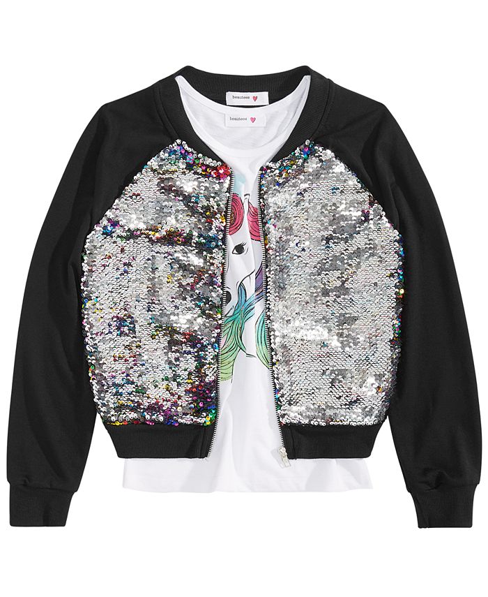 Beautees Big Girls 2-Pc. Reversible Sequin Bomber Jacket & Graphic ...