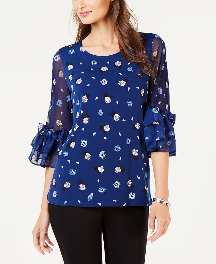 Alfani Petite Printed Double-Ruffle Top, Created for Macy's - Macy's