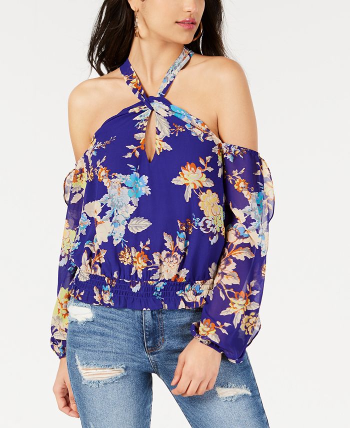 GUESS Printed Cold-Shoulder Top - Macy's