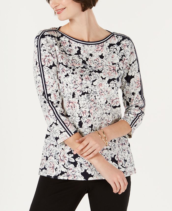 Charter Club Printed Cotton 3/4-Sleeve Top, Created for Macy's - Macy's