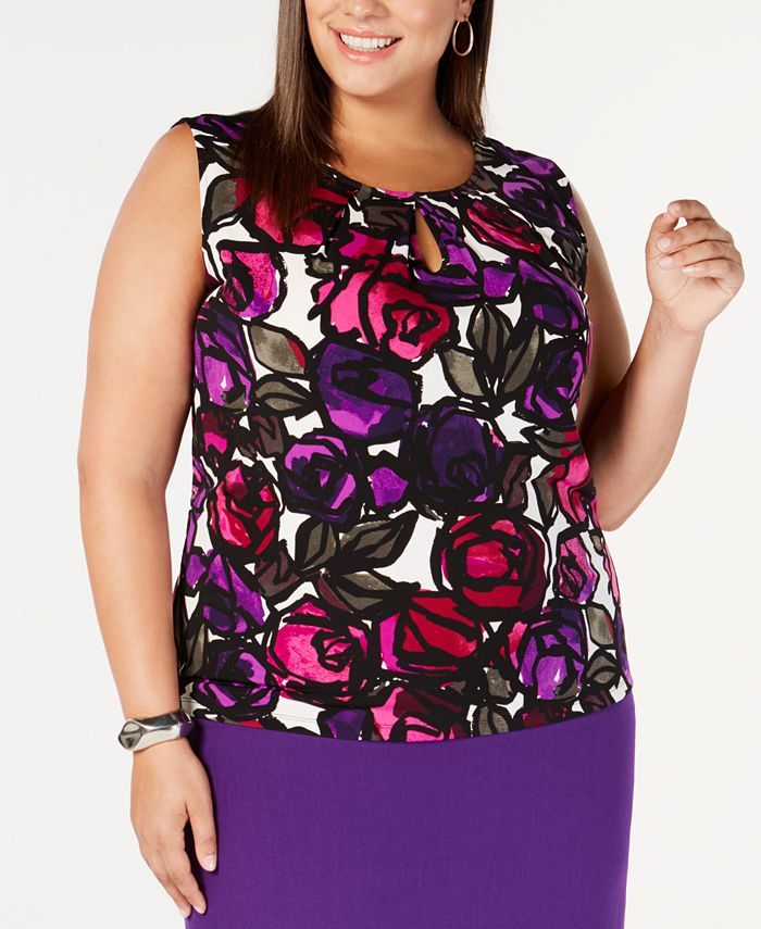 Kasper Plus Floral-Print Keyhole Top - Macy's