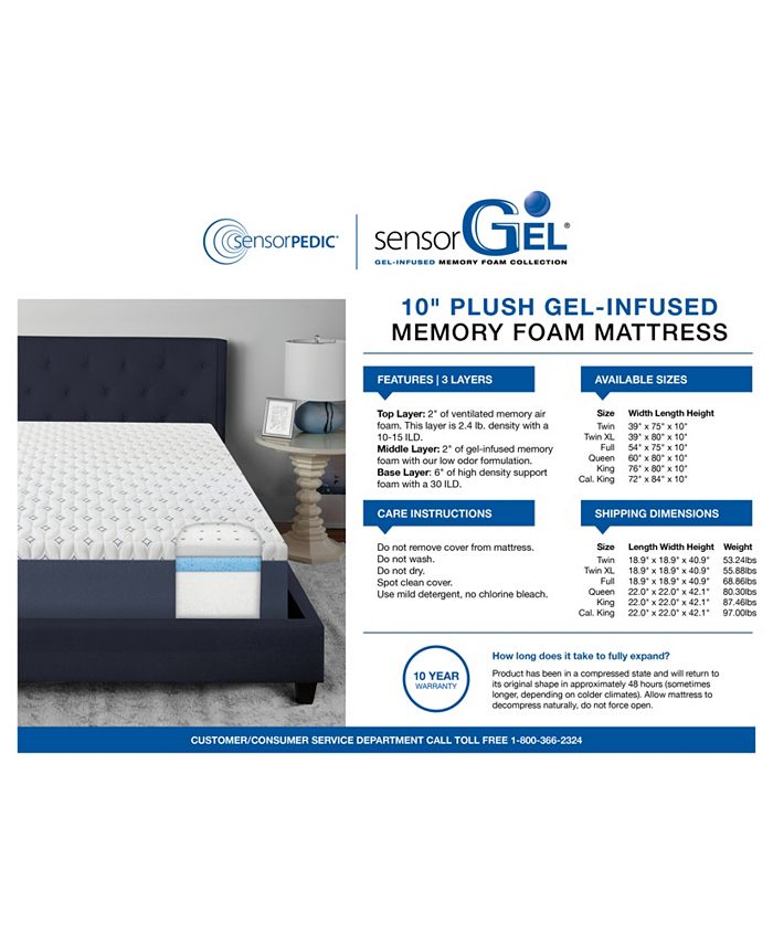 SensorGel 10" Plush Mattress- King, Mattress in a Box - Macy's