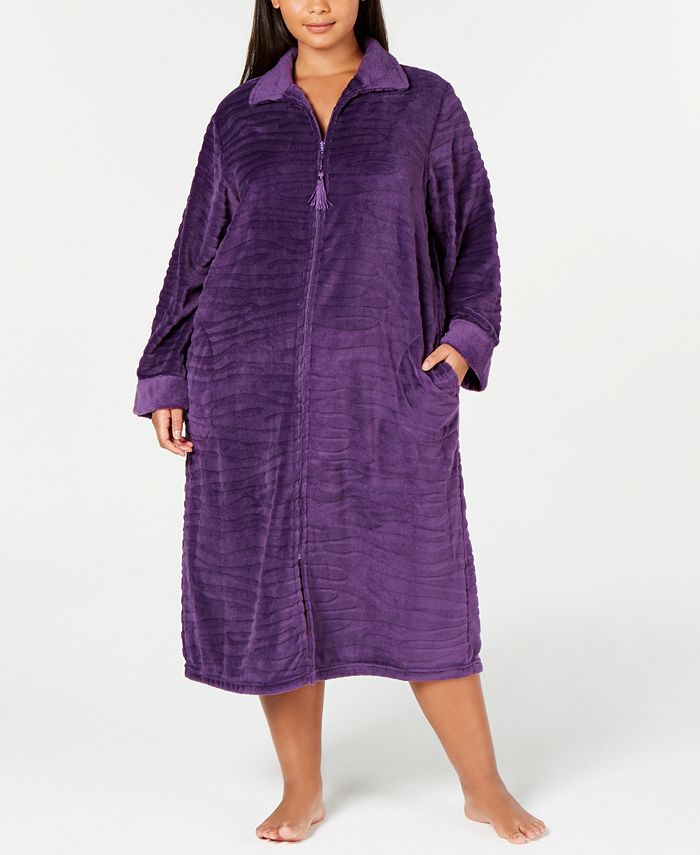 Miss Elaine Plus Size Textured Fleece Long Zip Robe & Reviews - Bras ...