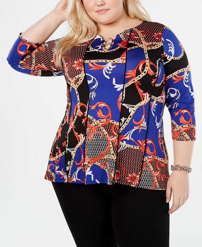 NY Collection Plus Size Embellished Printed Top - Macy's