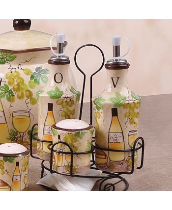 Lorren Home Trends White Grape Ceramic Condiment Set W/Rod Iron Stand ...