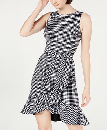 Calvin Klein Belted Gingham Ruffle Dress - Macy's