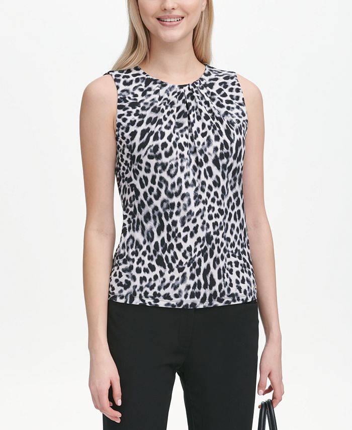 Calvin Klein Animal-Print Pleat-Neck Blouse - Macy's
