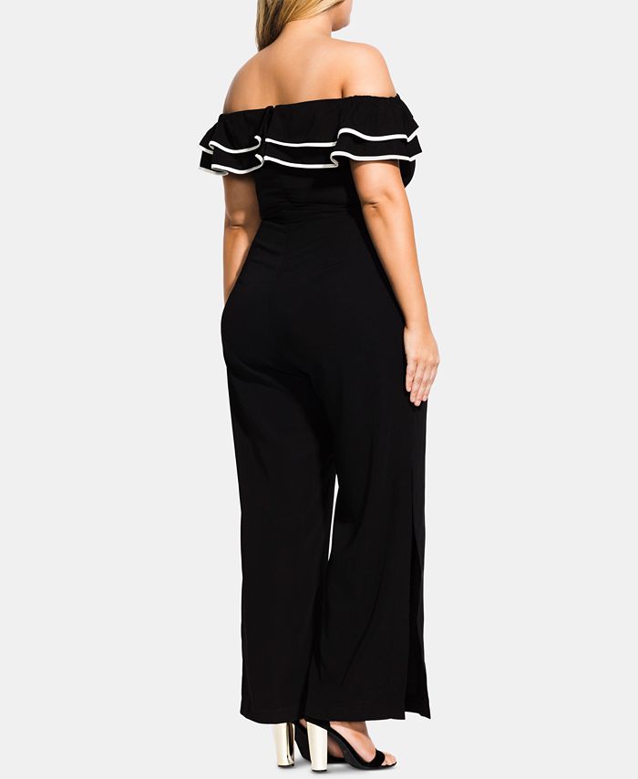 City Chic Trendy Plus Size Demure Ruffled Off-The-Shoulder Jumpsuit ...