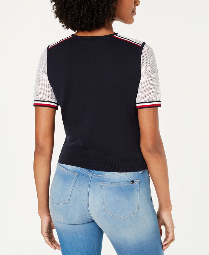 Tommy Hilfiger Cotton Striped-Trim Mesh-Panel Top, Created for Macy's ...