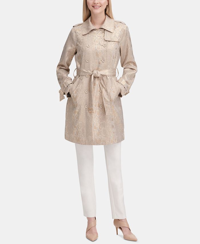 Calvin Klein Python-Print Belted Trench Coat - Macy's