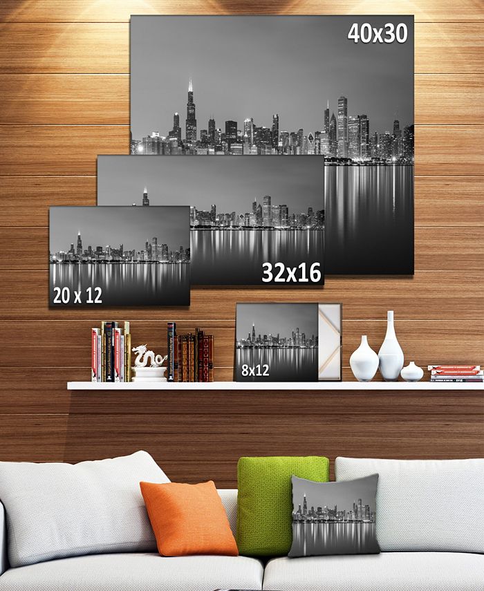 Design Art Designart Chicago Skyline At Night Black And White Cityscape ...