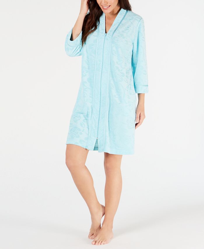 Miss Elaine Flower-Embossed Micro Terry Short Zip-Up Robe - Macy's